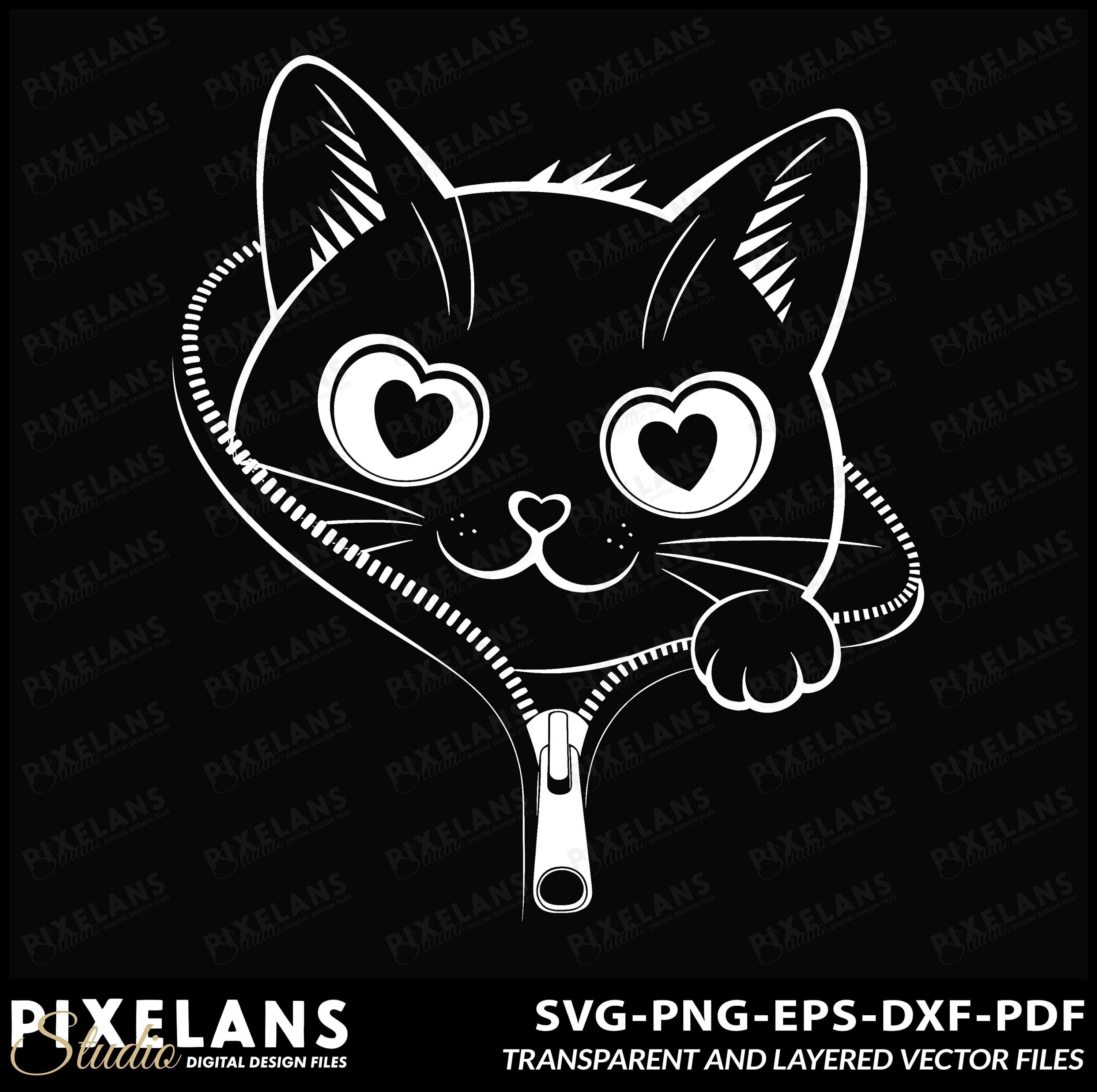 Kawaii Zipper Cat Face Clipart: Heart Eyes Kitty SVG PNG Digital ...