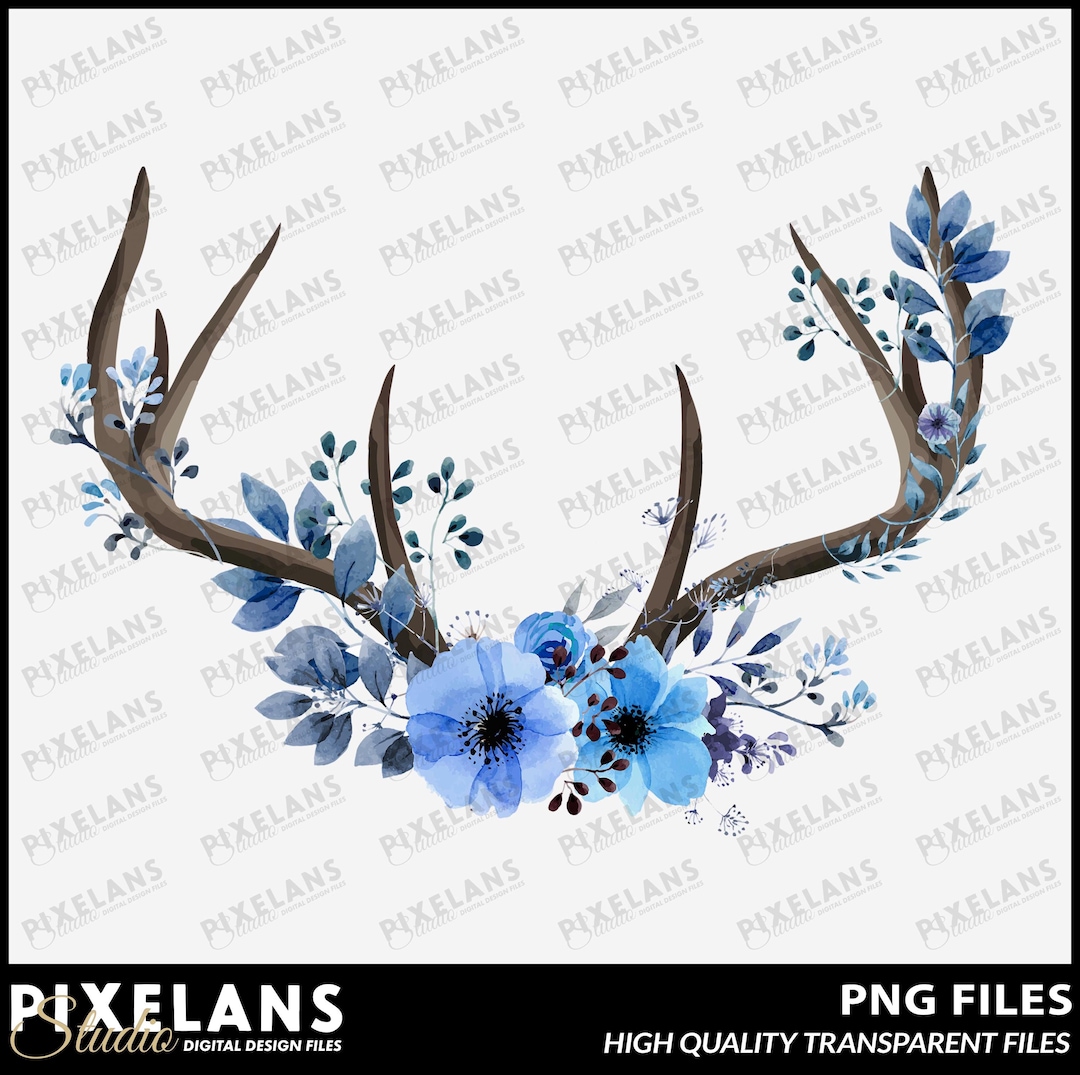 Watercolor Blue Floral Antler Design: Rustic Woodland Art (digital ...