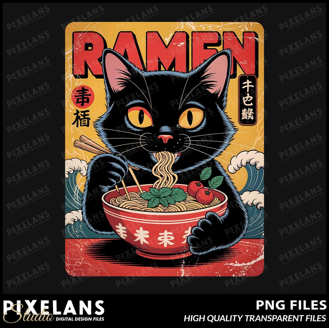 Ramen Cat Retro Japanese Poster: Black Cat Kitchen Decor (digital ...