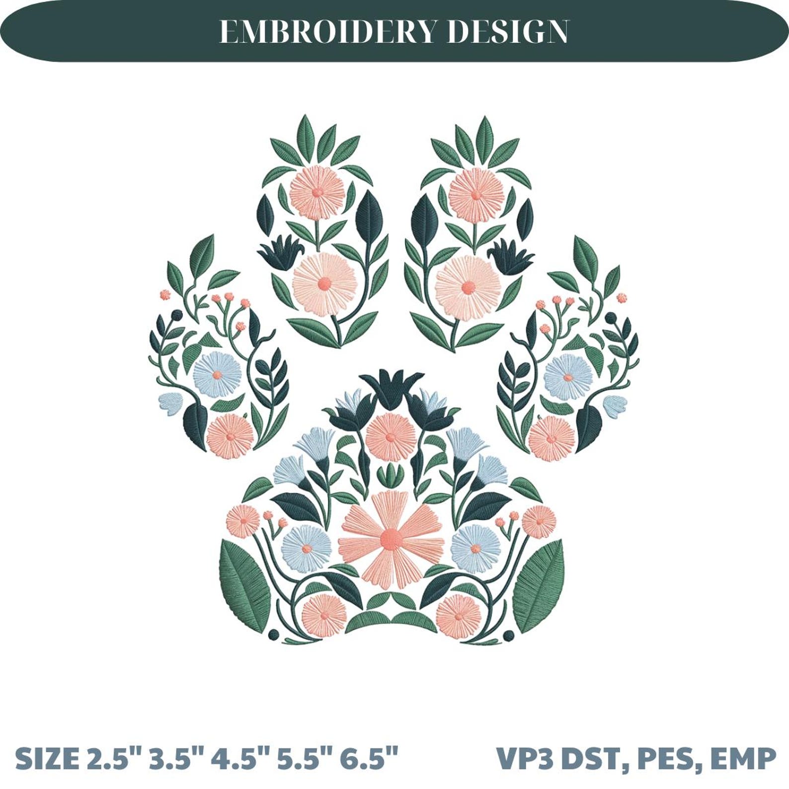 Floral Paw Print Machine Embroidery Design Dog Paw Flower Embroidery ...