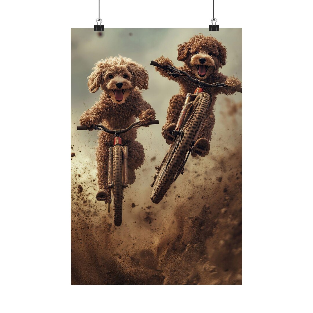 Doodle Dog Mountain Bike Art Poster, Funny Doodle Art, Goldendoodle ...