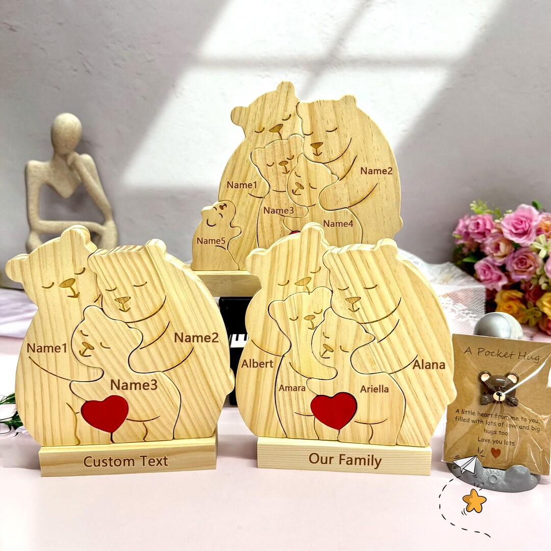Family Wooden Hug Bears Puzzle,personalized Family Puzzle,custom Wooden ...