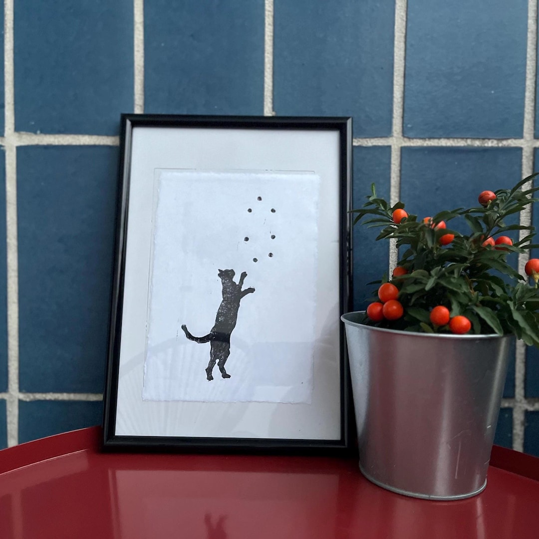 Linocut Print "juggling Cat" Handmade Wall Art Lino Print Black Ink ...