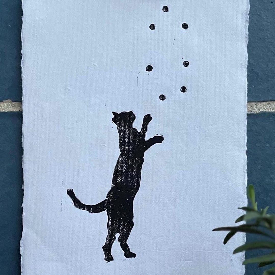 Linocut Print juggling Cat Handmade Wall Art Lino Print Black Ink Print ...