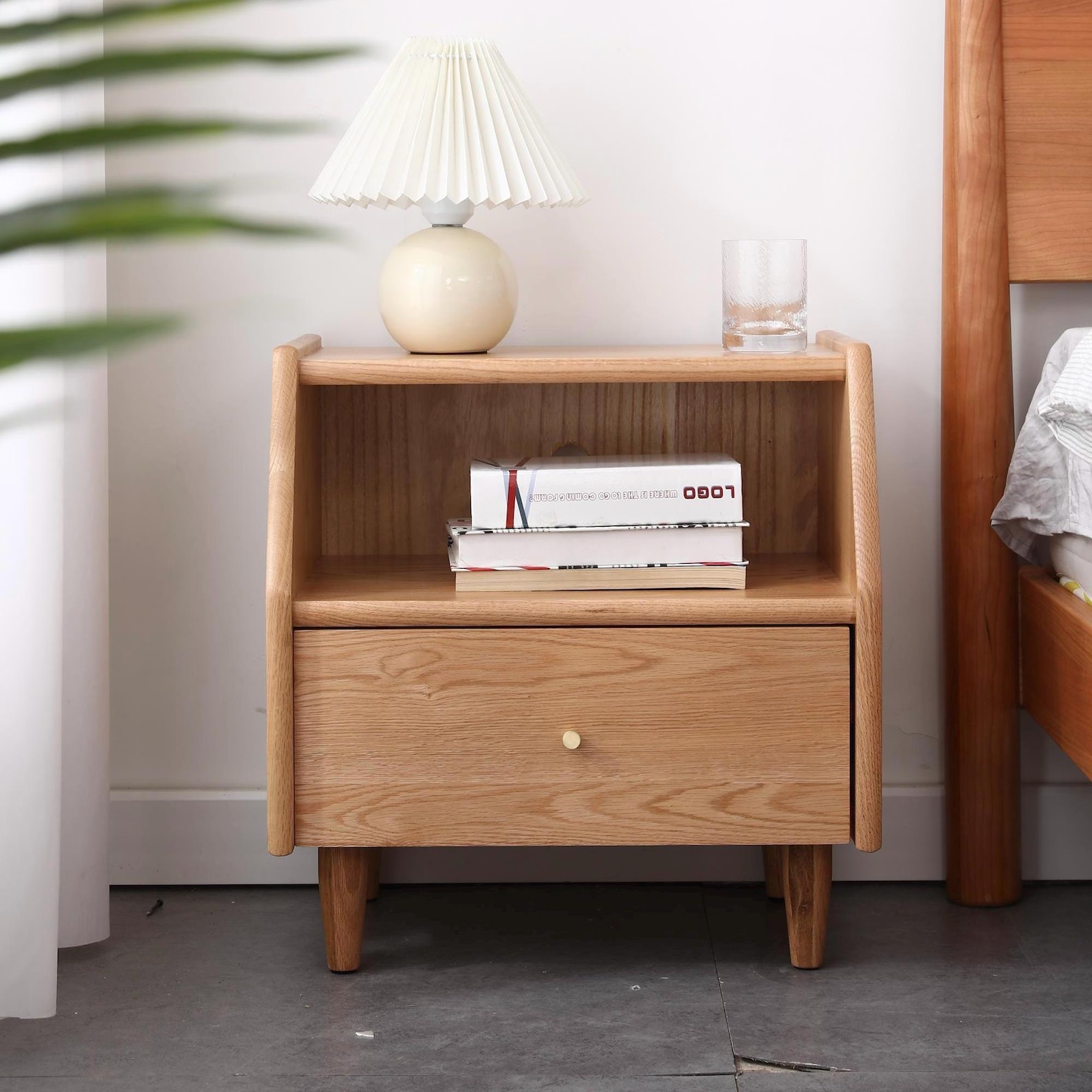 Solid Oak Wood Nightstand, Wide Nightstand With Open Shelf, Round Edges ...