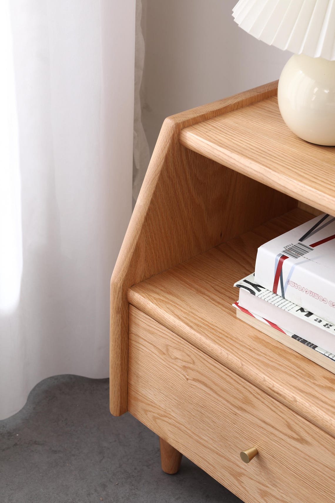 Solid Oak Wood Nightstand, Wide Nightstand With Open Shelf, Round Edges ...