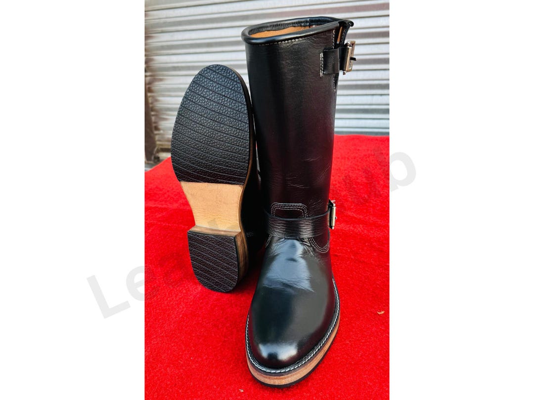 Handmade Black Leather Engineer Boots: Buckle Motorcycle Rider Boots - Etsy