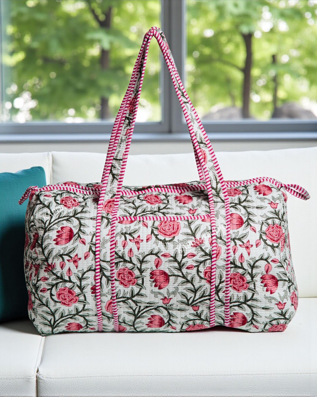 Handmade Quilted Cotton Duffle Bag: Rose Print Travel Weekender ...