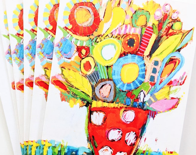 Note Card Set - Funky Flowers in Red Polka Dot Pot - Etsy