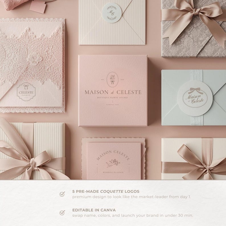 Coquette Premade Business Logo – Editable in Canva | Full Branding Kit ...