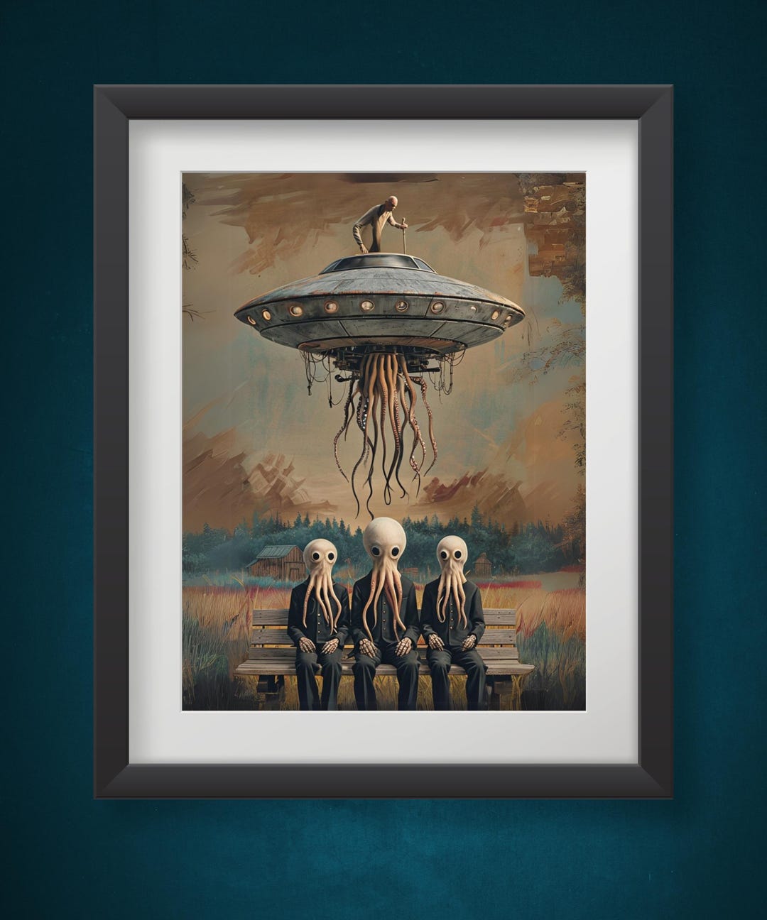 Surreal Alien Encounter Art Print, Octopus Figures, UFO, and Mysterious ...