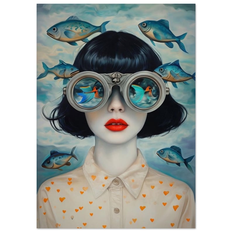 Surreal Brunette Portrait Wall Art - Quirky Fish & Goggles Print ...