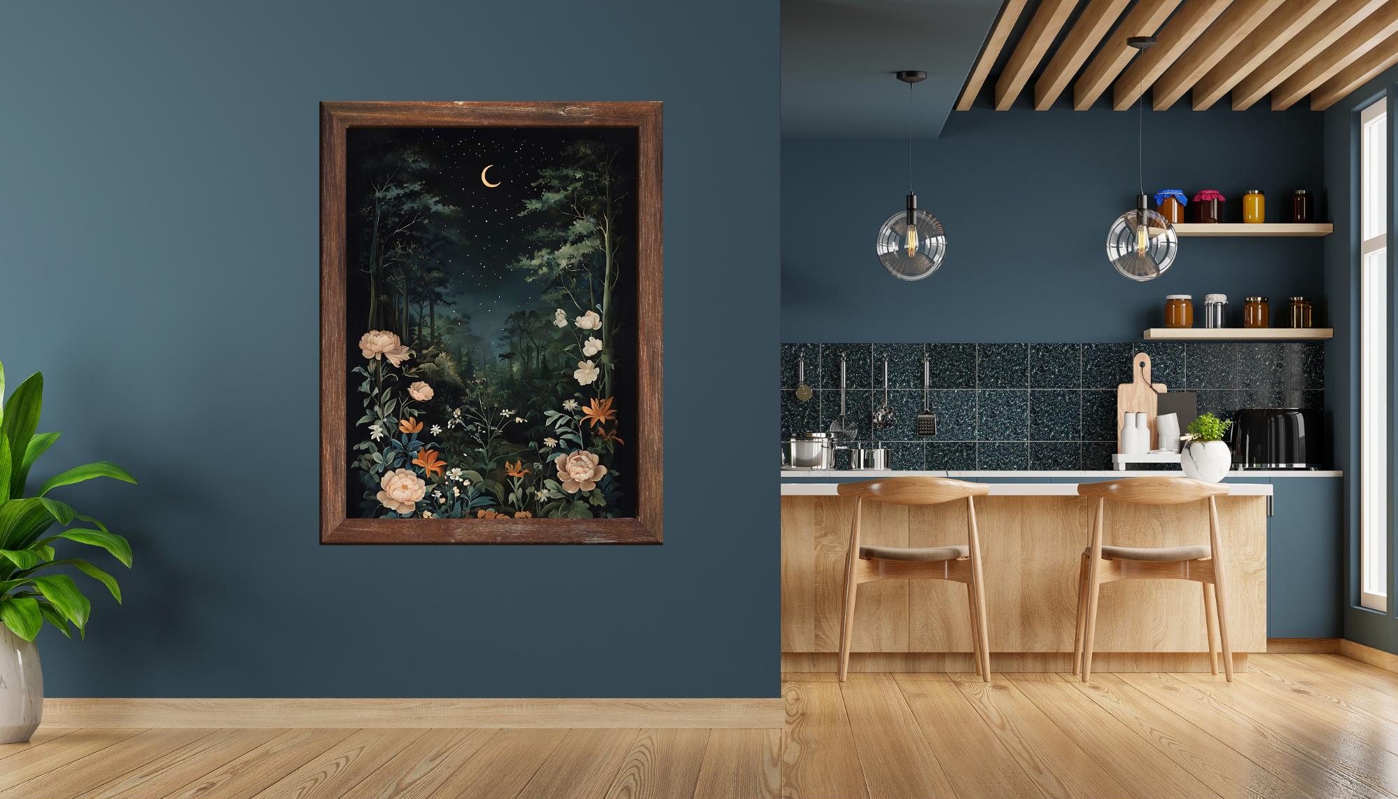 Night Forest Floral Crescent Moon Dark Cottagecore, Vintage Botanical ...