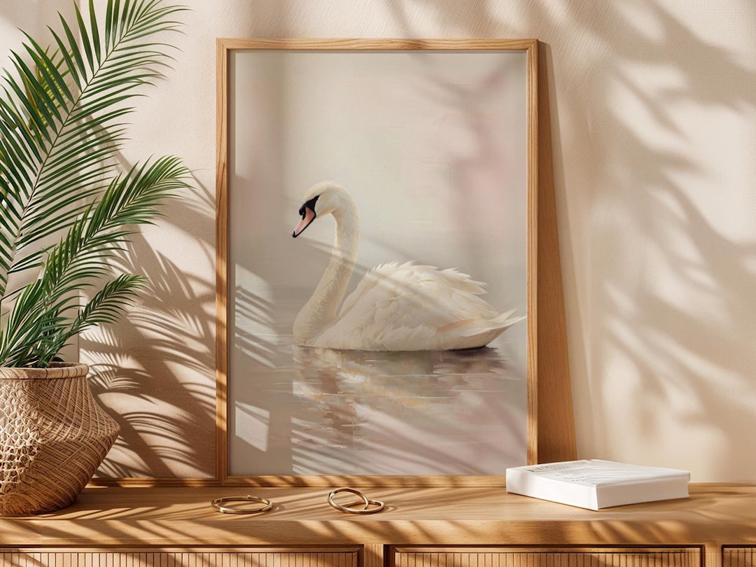 Elegant Swan Wall Art Print – Realistic White Swan on Water, Neutral ...
