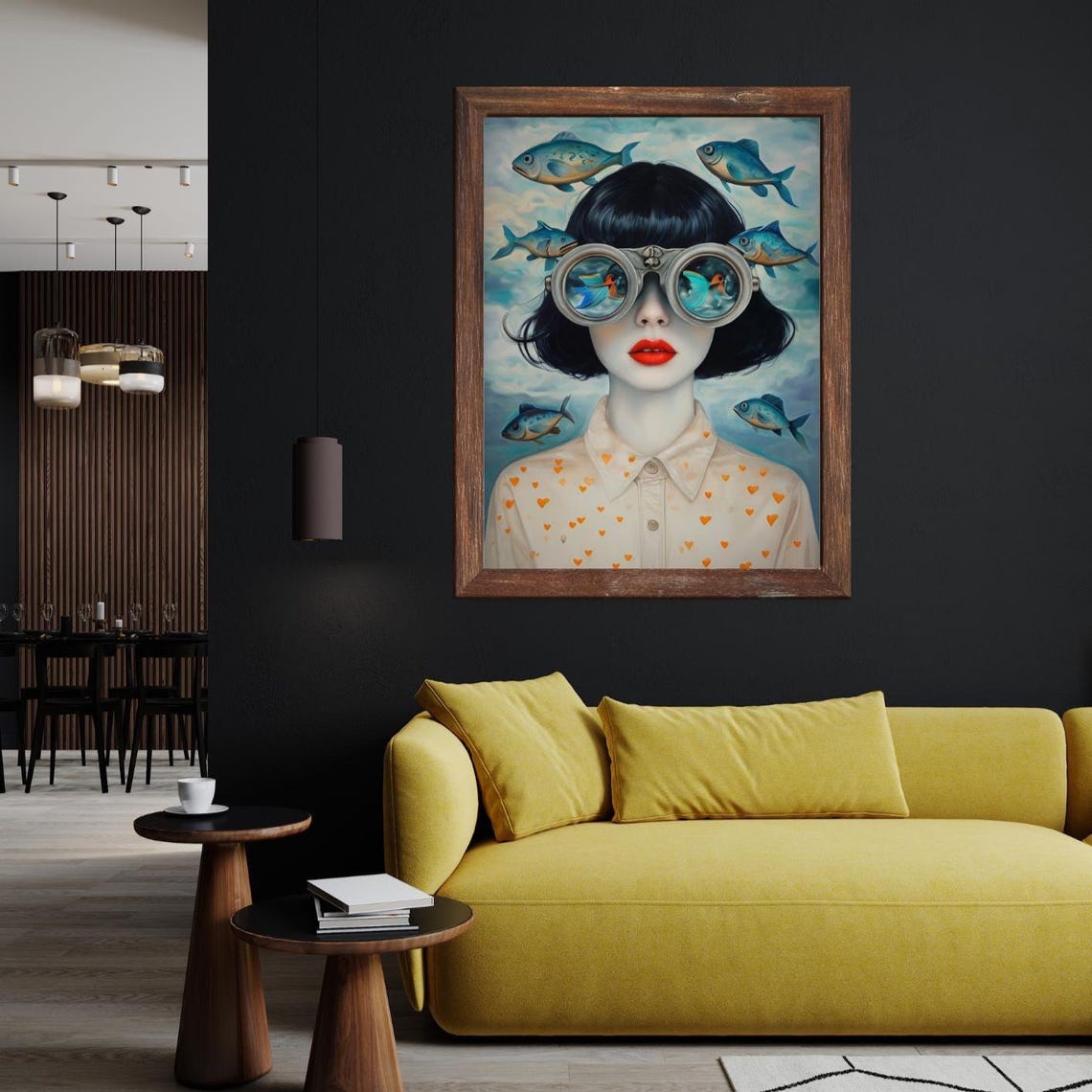 Surreal Brunette Portrait Wall Art - Quirky Fish & Goggles Print ...