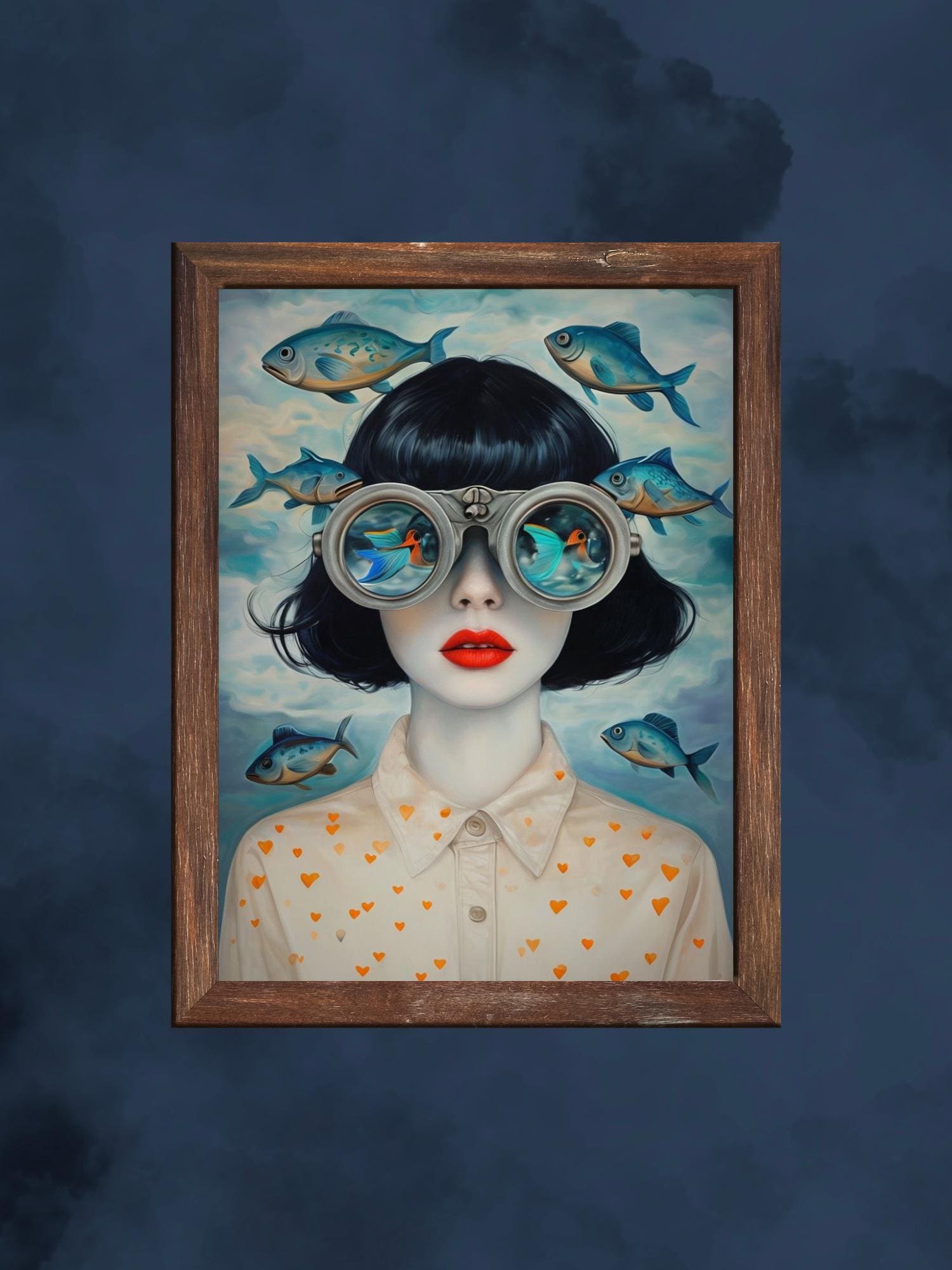 Surreal Brunette Portrait Wall Art - Quirky Fish & Goggles Print ...