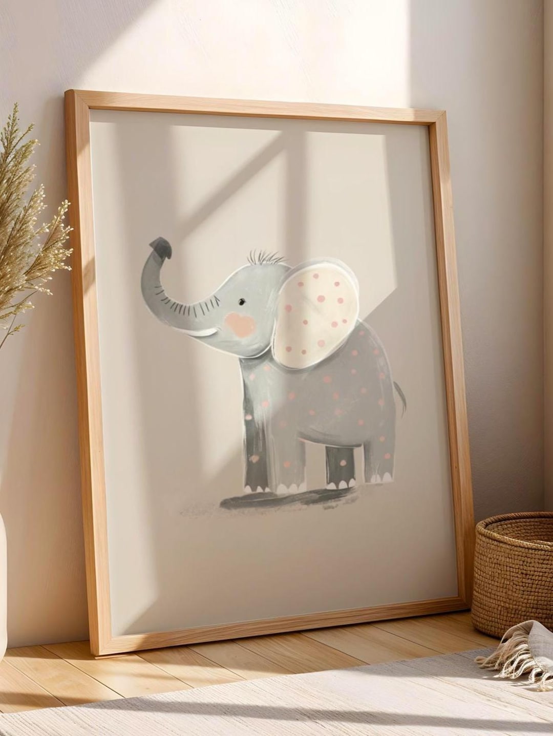 Cute Baby Elephant Nursery Wall Art Print –neutral Gray and Pink Polka ...