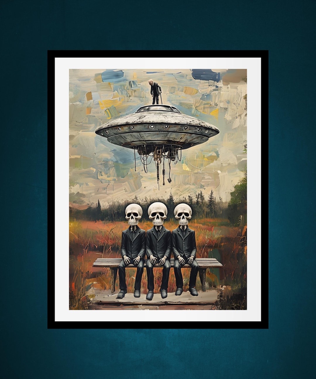 Surreal Alien Encounter Art Print, Skeleton Figures,ufo,and Mysterious ...