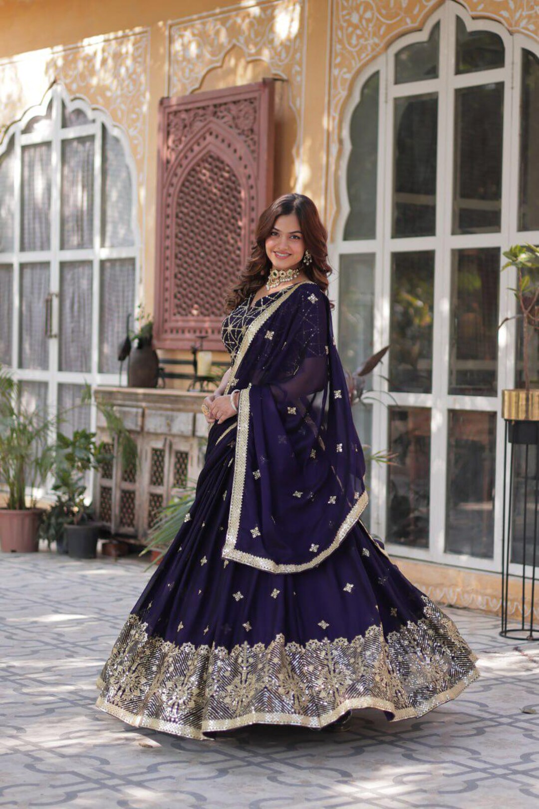 Dark Purple Lehenga Set Full-stitched Rangoli Silk With Sequins and ...
