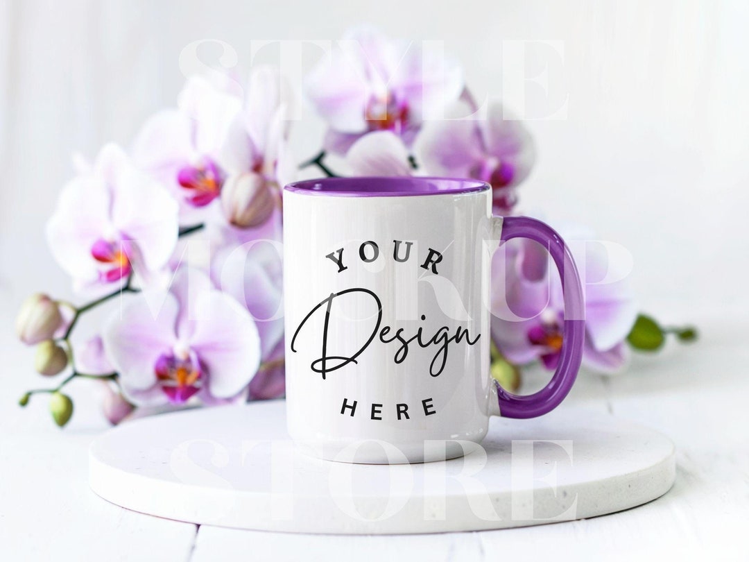 Purple Handle Accent Coffee Mug Mockup, 15oz Standard White Mug With ...