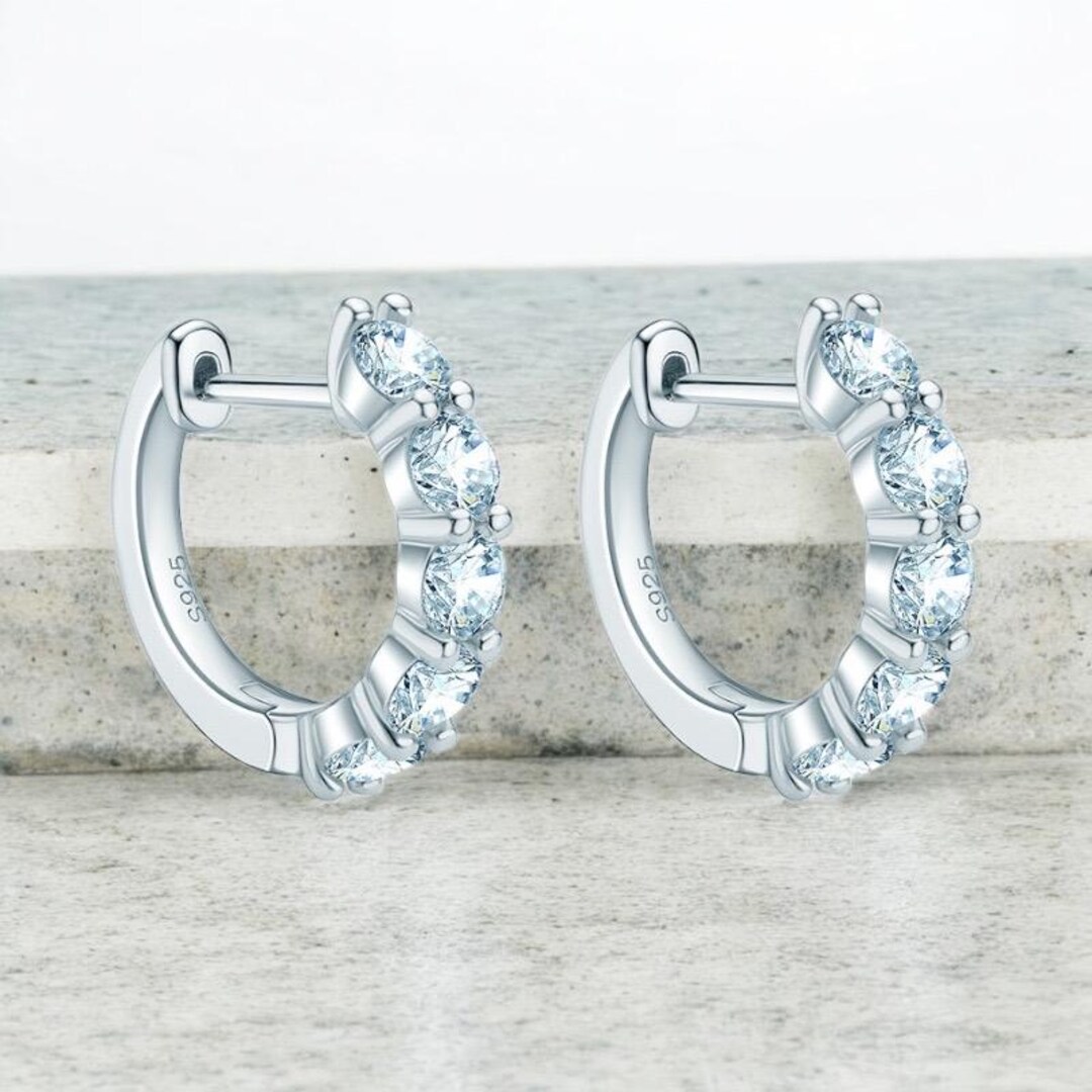 925 Sterling Silver Hoop Earrings With Round Cut Stones, Dainty ...