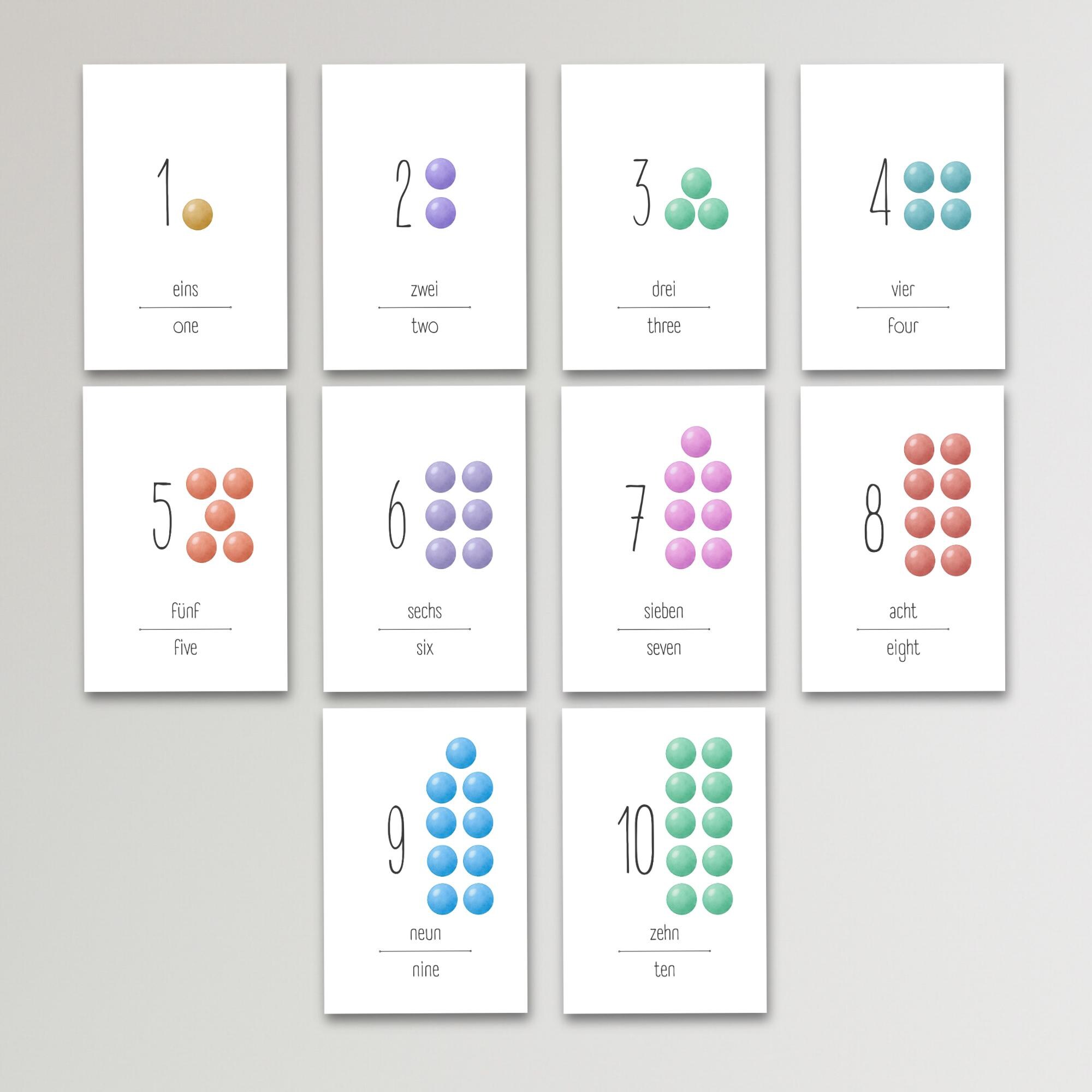 Bilingual Number Flashcards German English | Montessori Numbers 1-10 ...