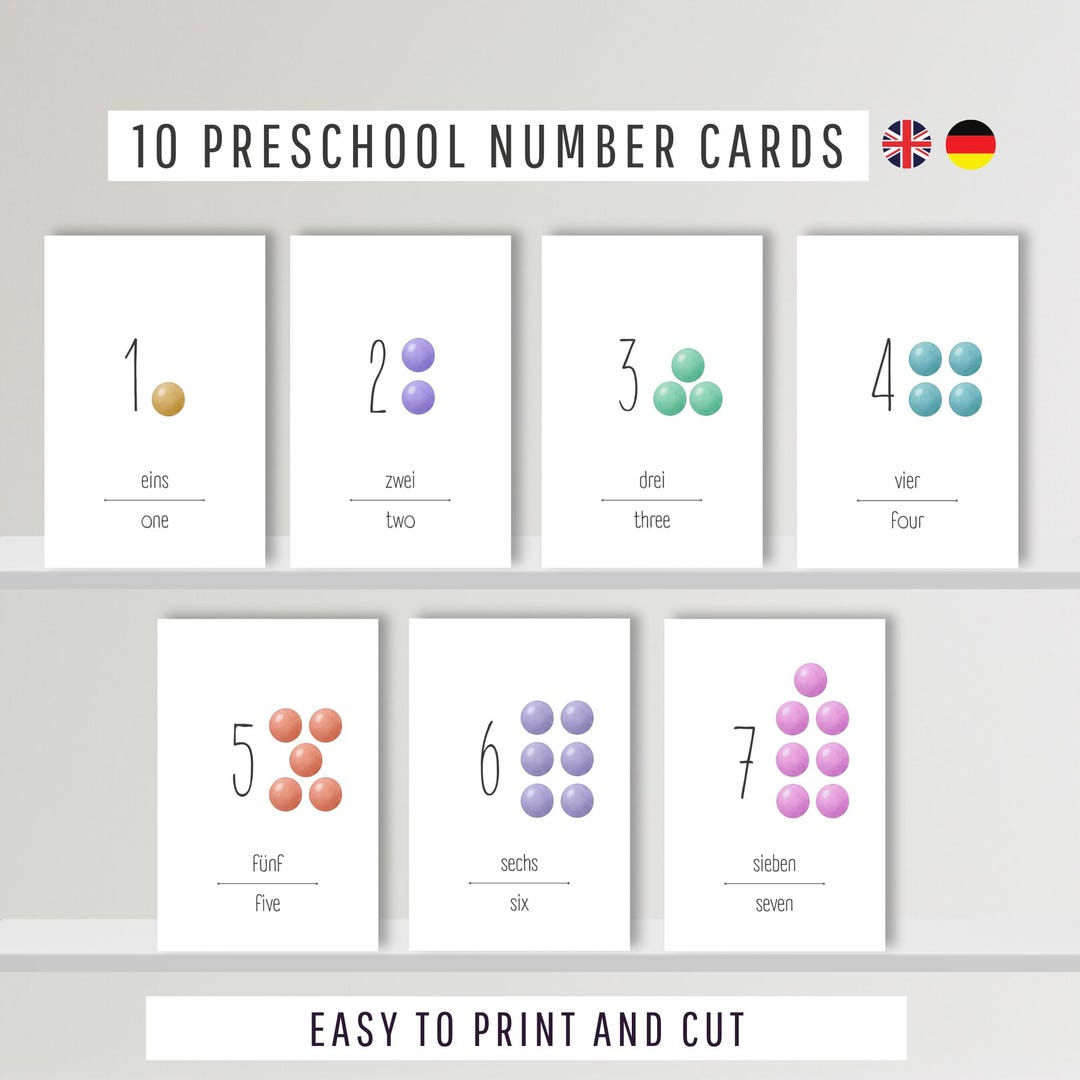 Bilingual Number Flashcards German English | Montessori Numbers 1-10 ...