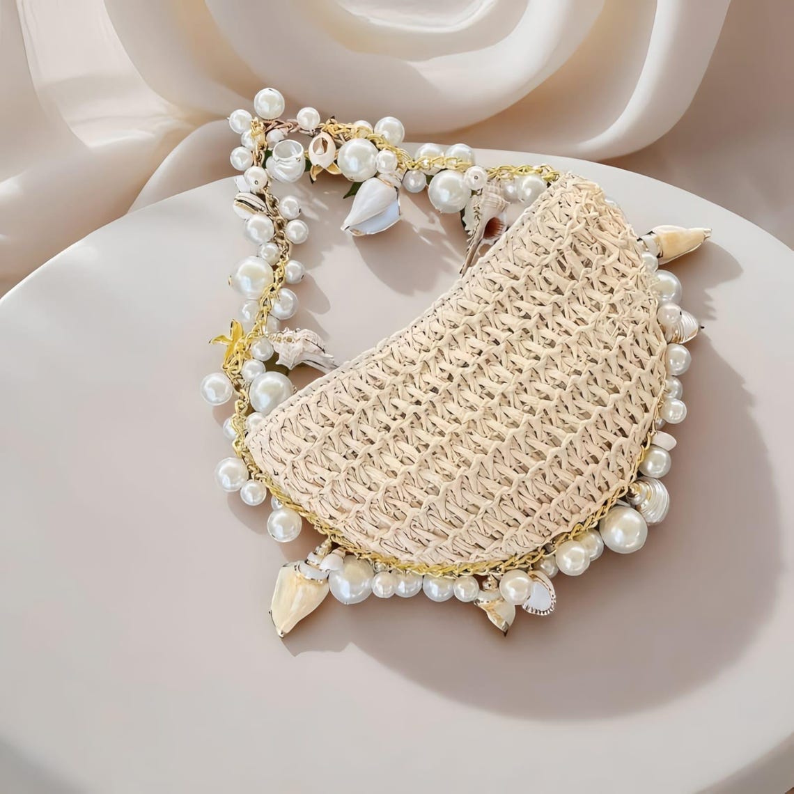 Handwoven Pearl & Shell Beach Bag – Boho Shoulder Purse, Coastal Summer ...
