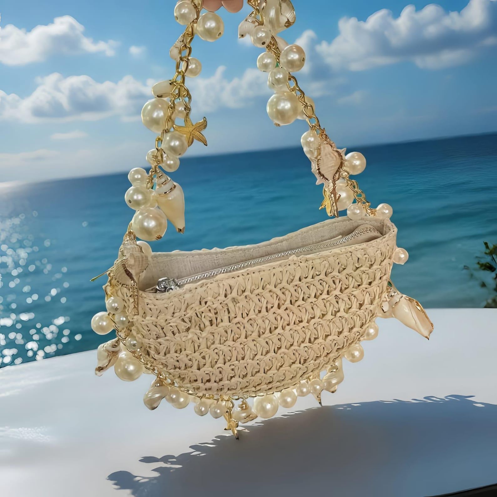 Handwoven Pearl & Shell Beach Bag – Boho Shoulder Purse, Coastal Summer ...