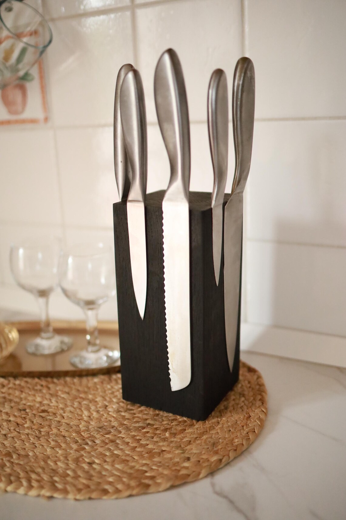 Magnetic Countertop Knife Block, Kitchen Table Stand, Black Brown Oak ...