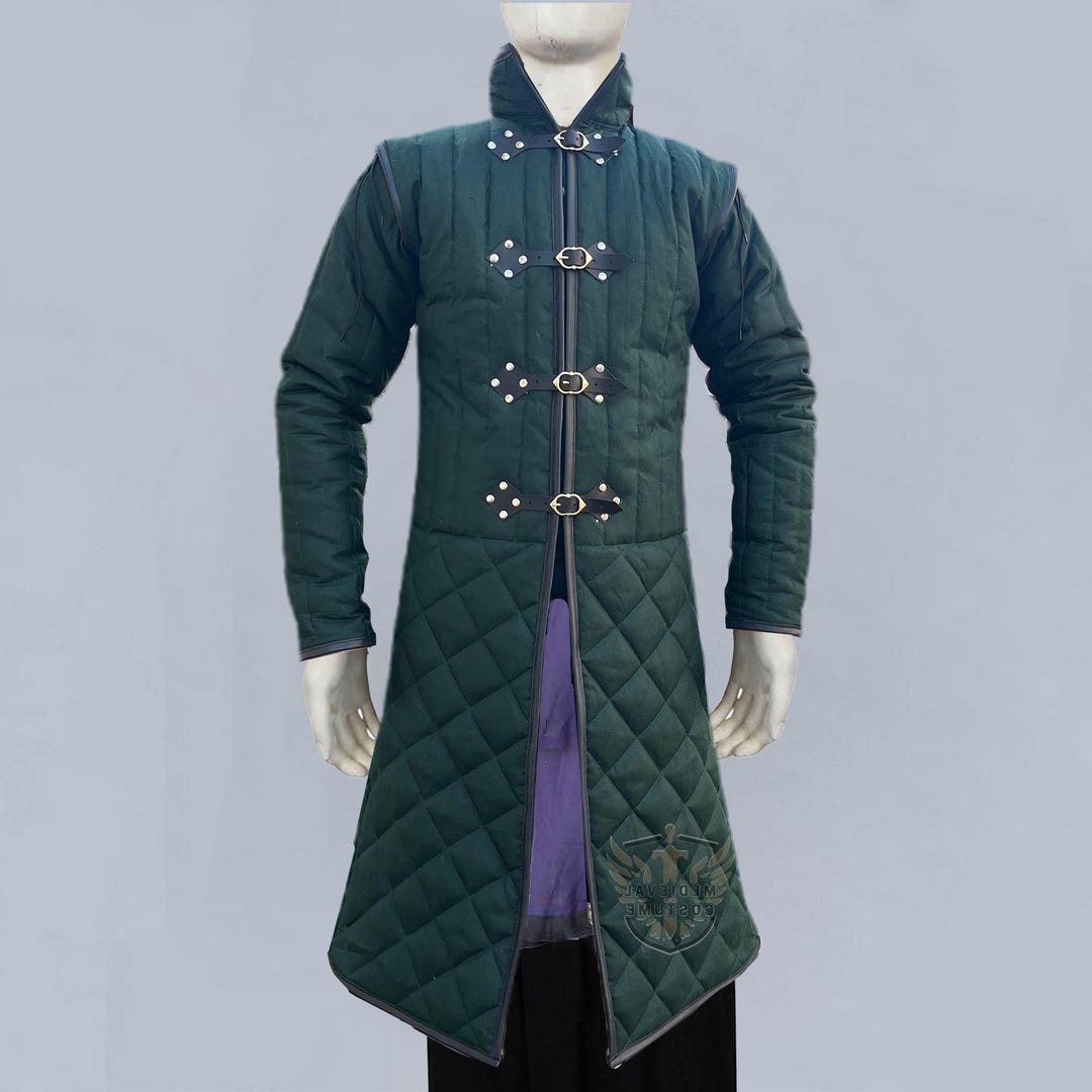 Medieval Linen Gambeson - Black Leather Trimmed, Cotton Padded Costume ...