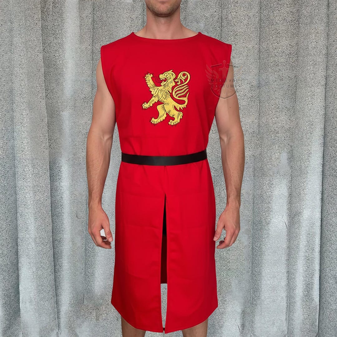 Medieval Embroidered Cotton Tunic – Solid Red Rampant Lion Crest ...