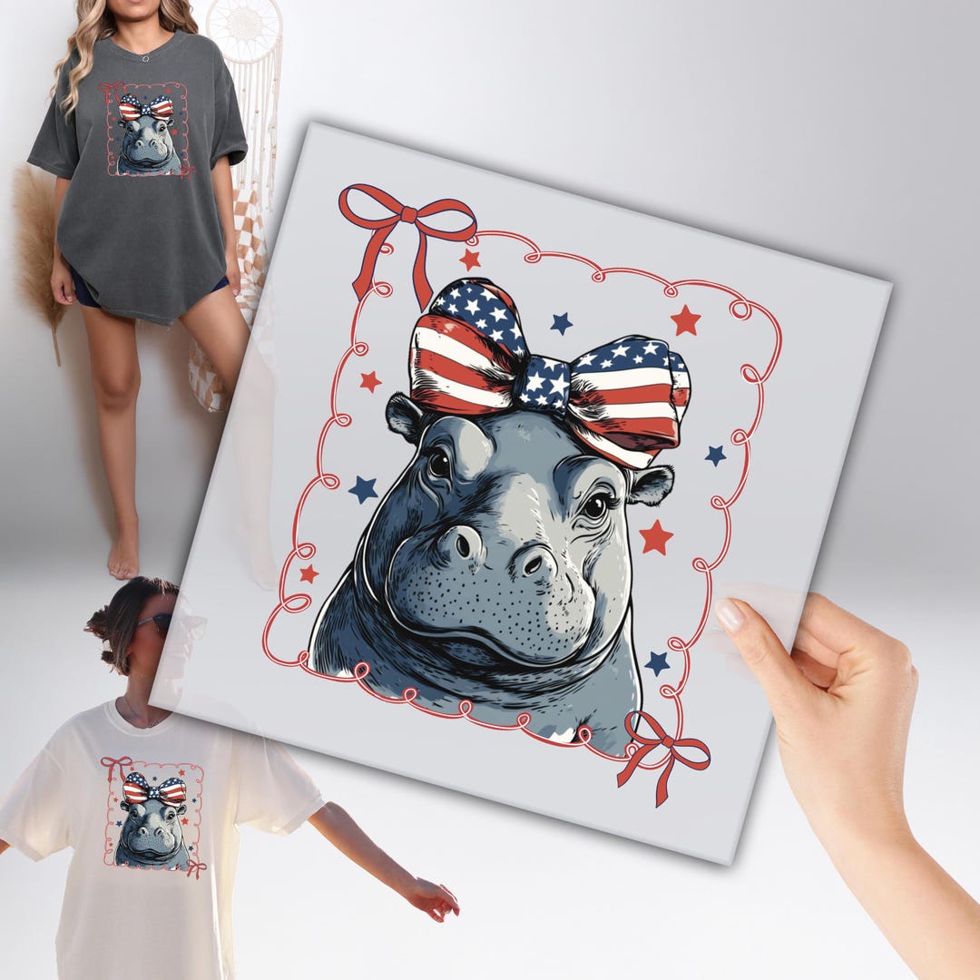 Hippopotamus 4th of July DTF, America Ready to Apply, USA Flag DTF ...