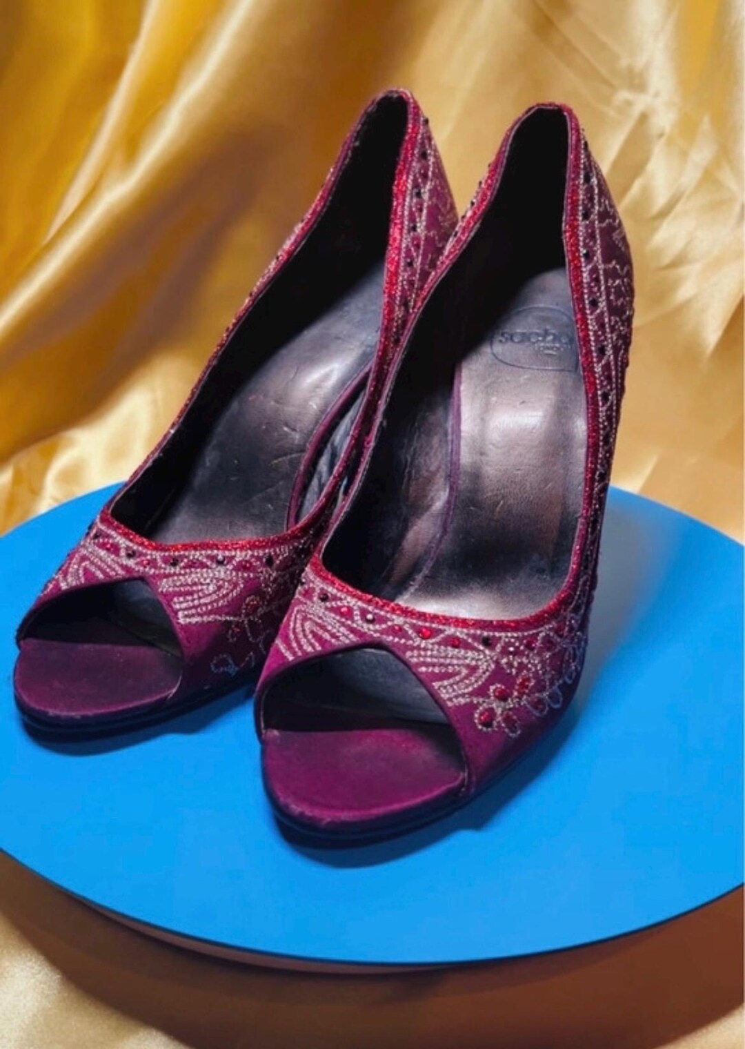 Burgundy/red Mid Heel Peep Toe Party Shoe Custom Upcycled Size 5 Sacha ...