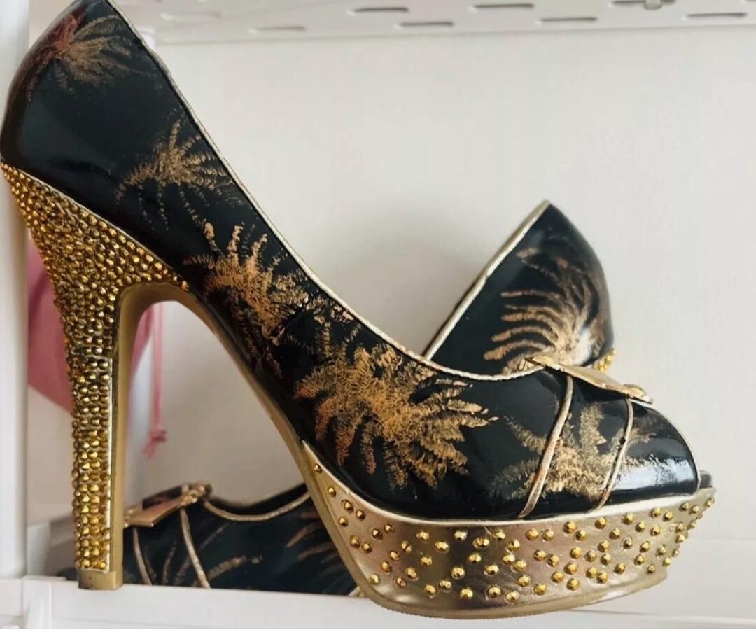 Black/gold High Heel Peep Toe Platform Party Shoe Custom Upcycled Size ...