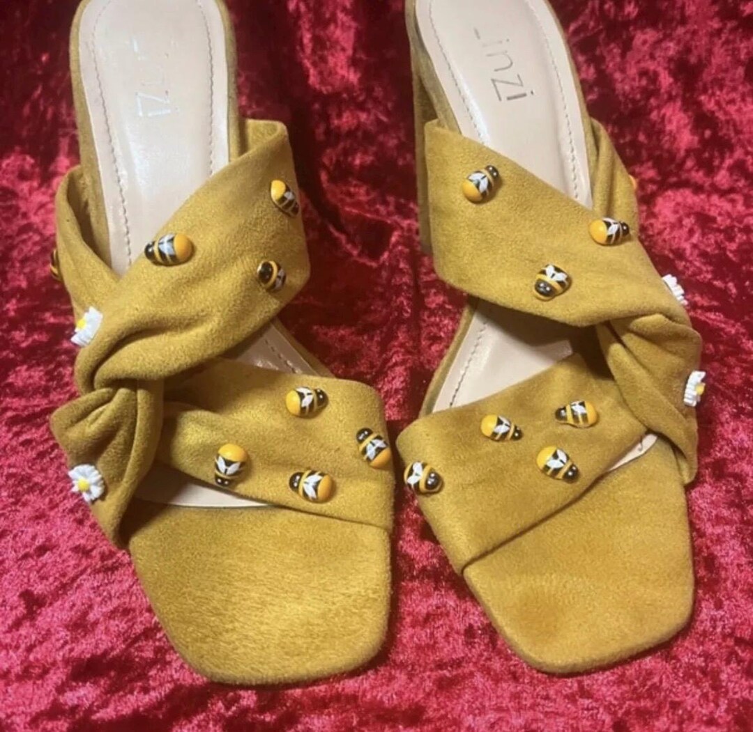 Mustard Yellow Bee Mules Sandals Party Shoe Upcycled Block Heel Size 4 ...