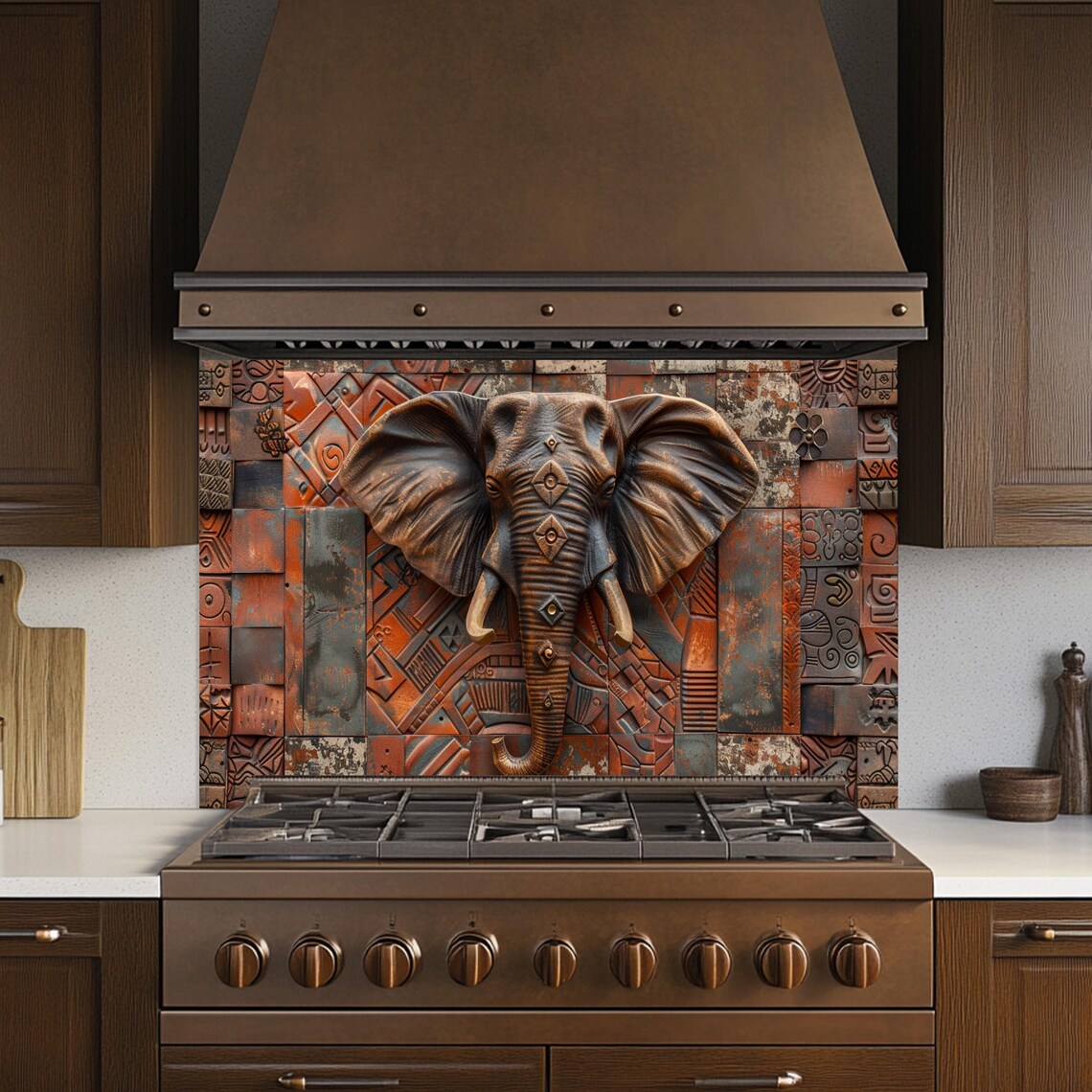African Elephant Tribal Glass Backsplash, Tempered Glass Backsplash ...