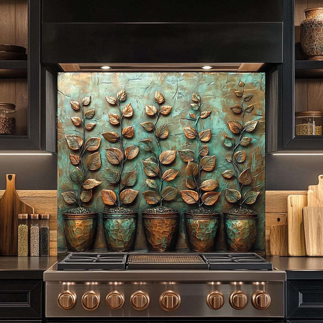 Tempered Glass Backsplash for Kitchen, Potted Plant Design Leaves Glass ...