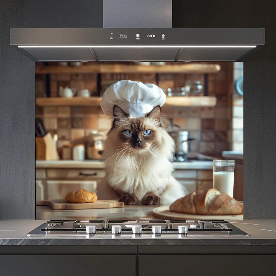 Birman Chef Cat Tempered Glass Backsplash, Funny Cat Kitchen Decor, Cat ...