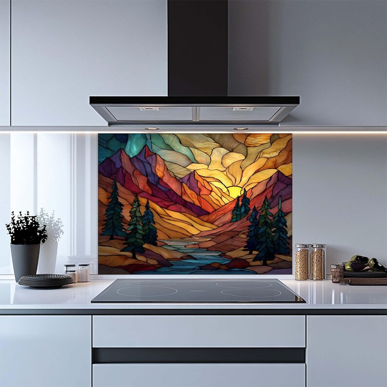Tempered Glass Backsplash, Mountain Sunrise Glass Backsplash, Kitchen ...