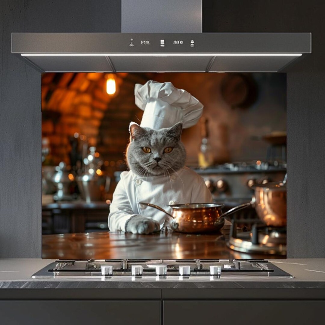 British Shorthair Chef Cat Tempered Glass Backsplash, Funny Cat Kitchen ...