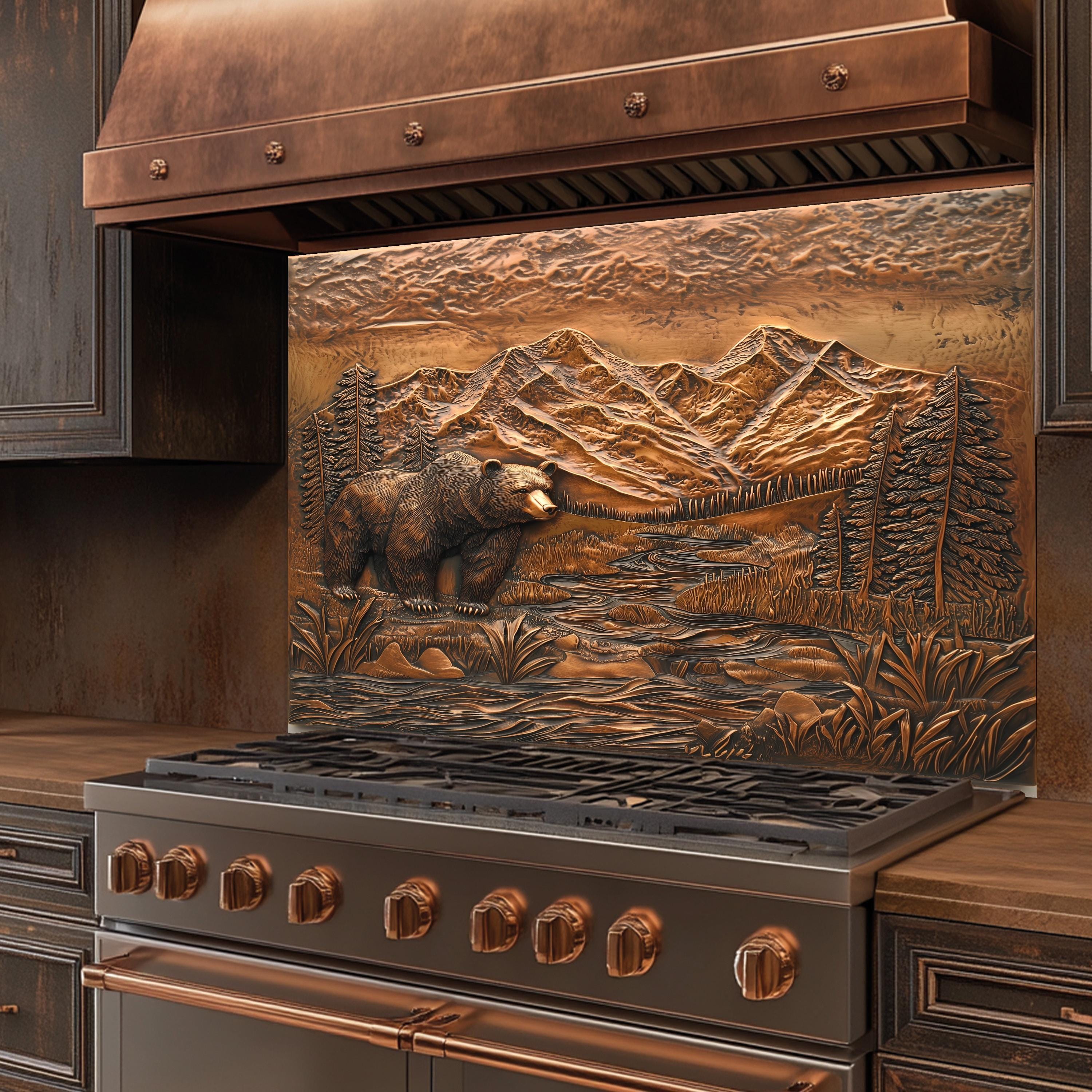 Grizzly Bear Mountain Stream Tempered Glass Backsplash, Rustic Kitchen ...
