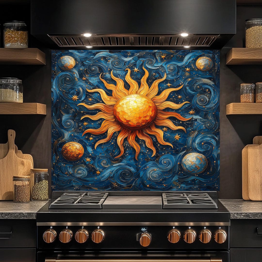 Celestial Sun Tempered Glass Backsplash, Starry Night Kitchen ...