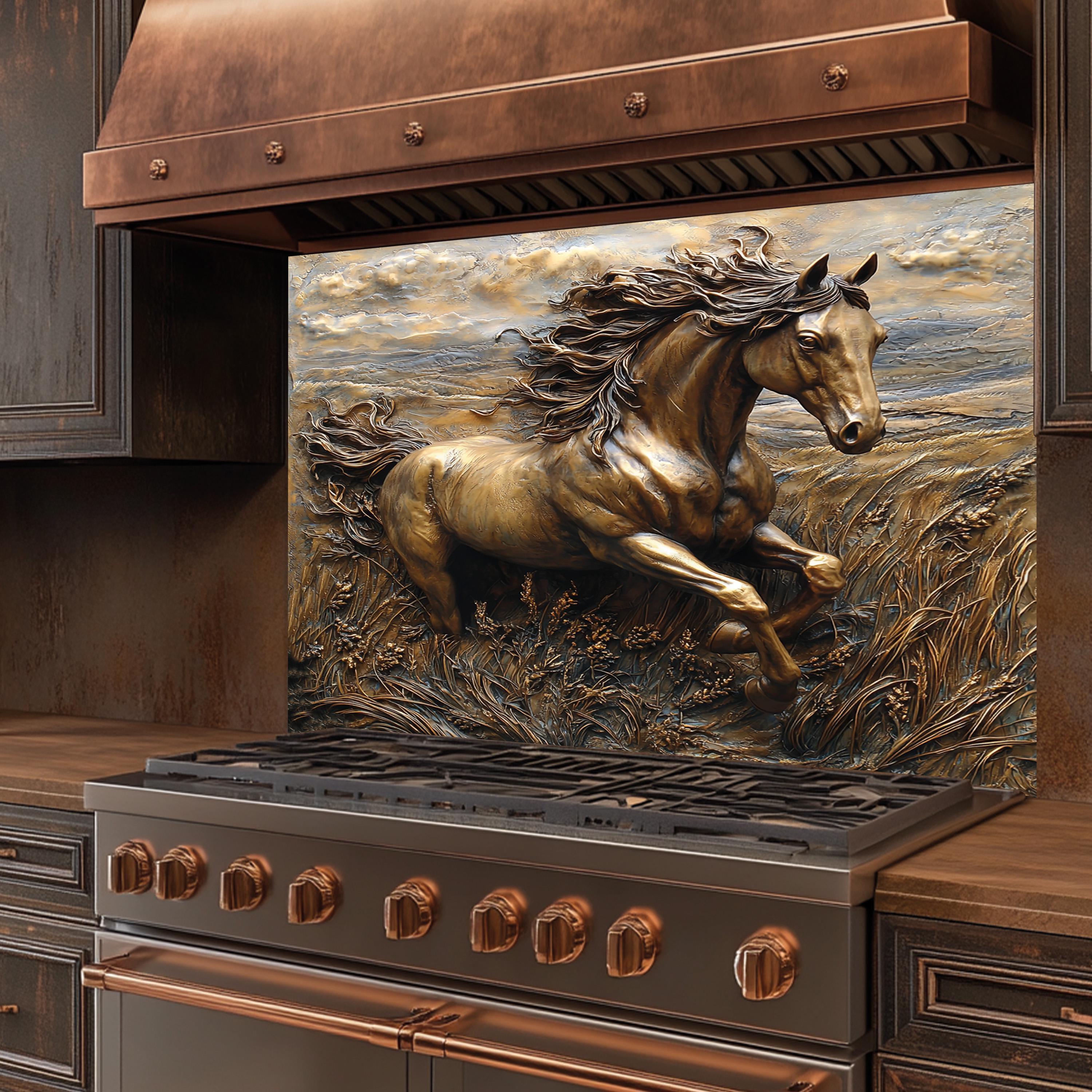 Horse Tempered Glass Backsplash, Majestic Copper Look Kitchen ...