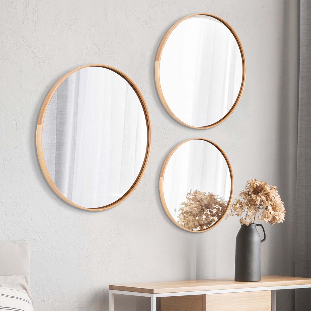 Wood Frame Round Mirrors, Handmade Circle Mirrors Set, Rustic Wood ...
