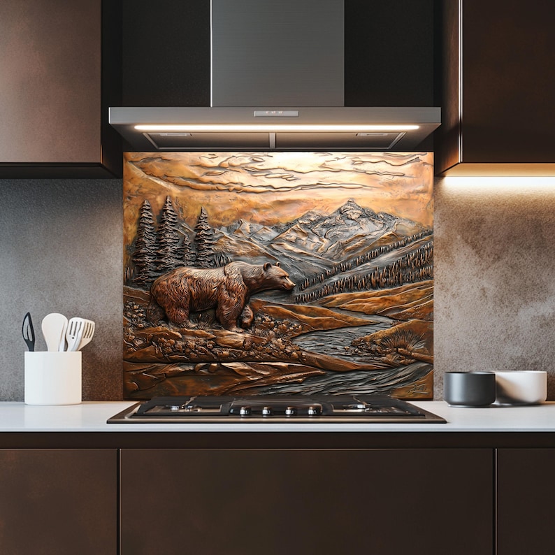 Mountain Bear Tempered Glass Backsplash, Rustic Wildlife Kitchen ...