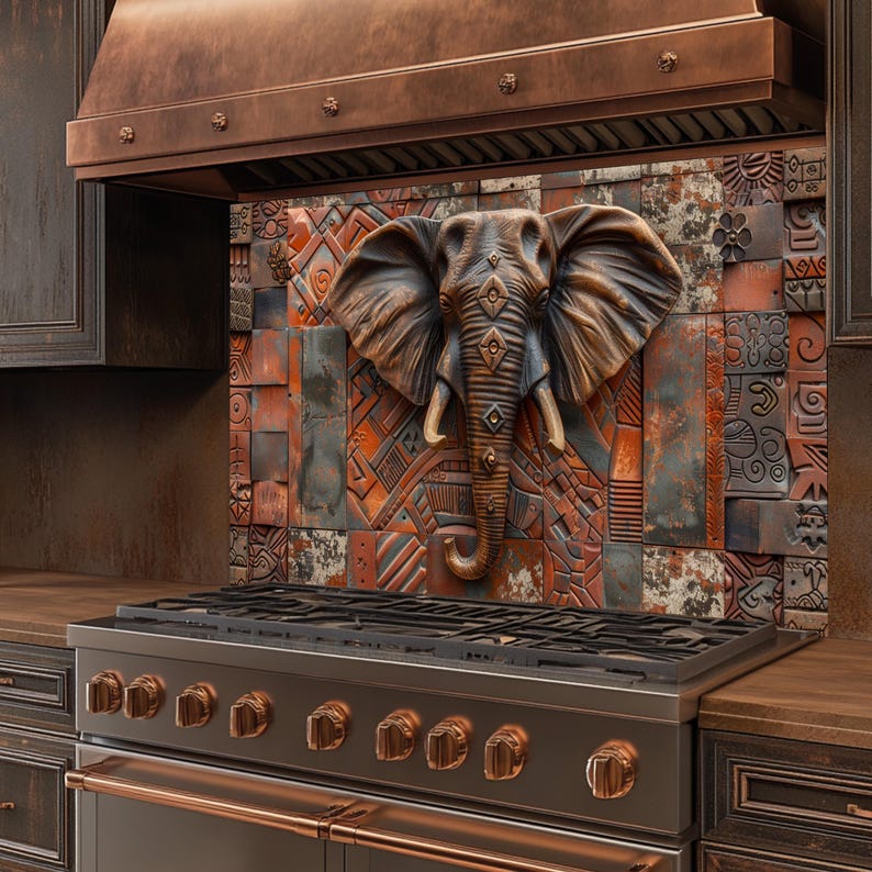 African Elephant Tribal Glass Backsplash, Tempered Glass Backsplash ...