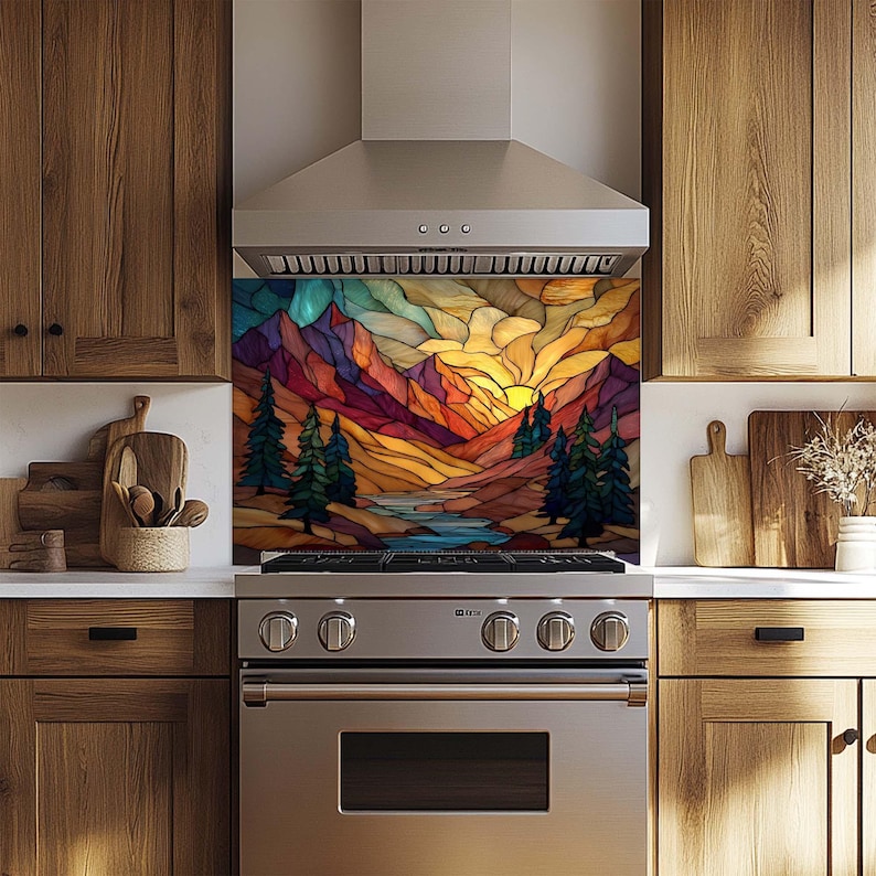 Tempered Glass Backsplash, Mountain Sunrise Glass Backsplash, Kitchen ...