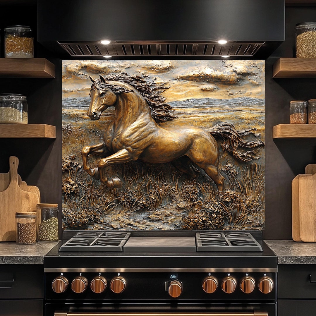 Tempered Glass Backsplash, Horse Copper Look Kitchen Backsplash Behind ...