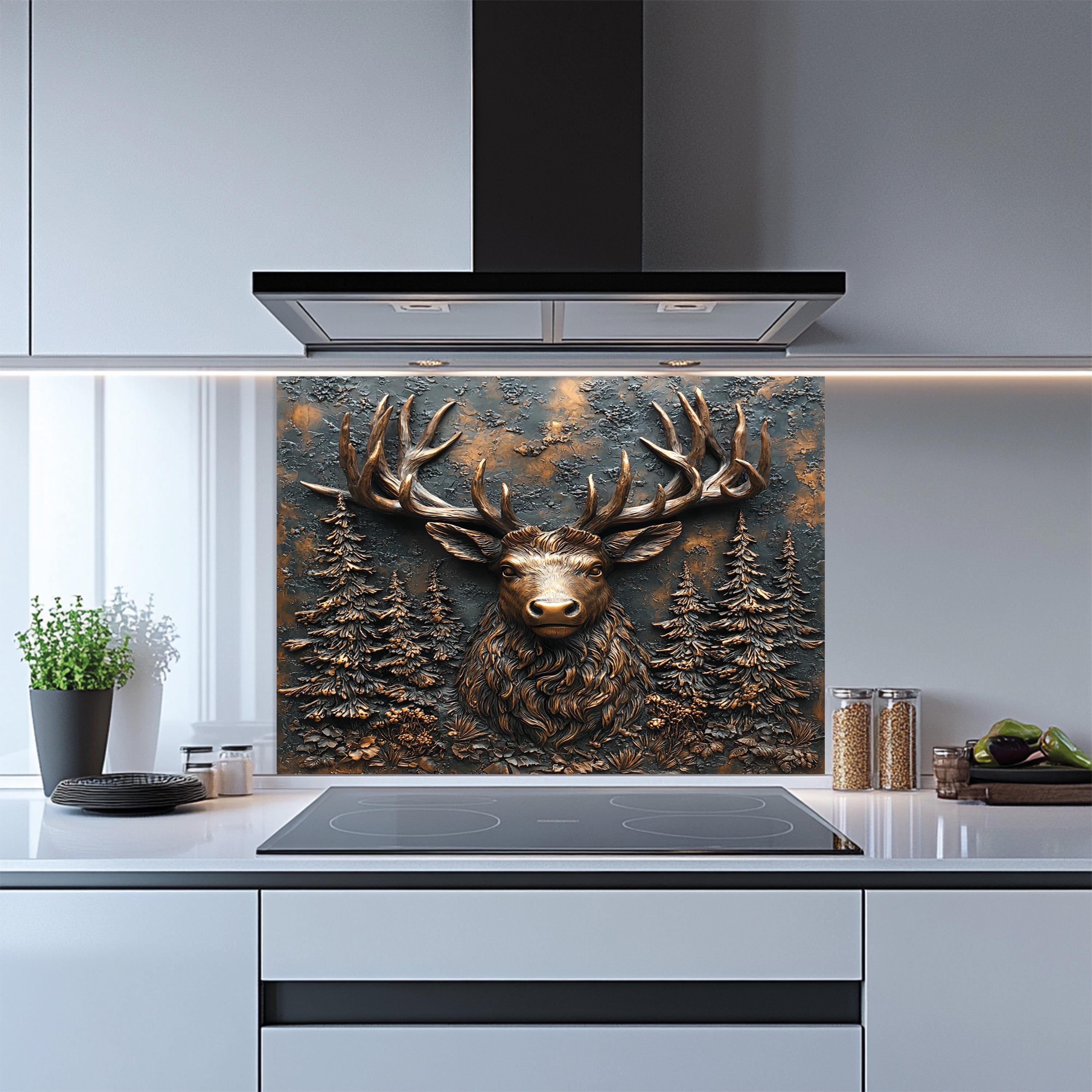 Stag Head Tempered Glass Backsplash, Copper Look Kitchen Backsplash ...